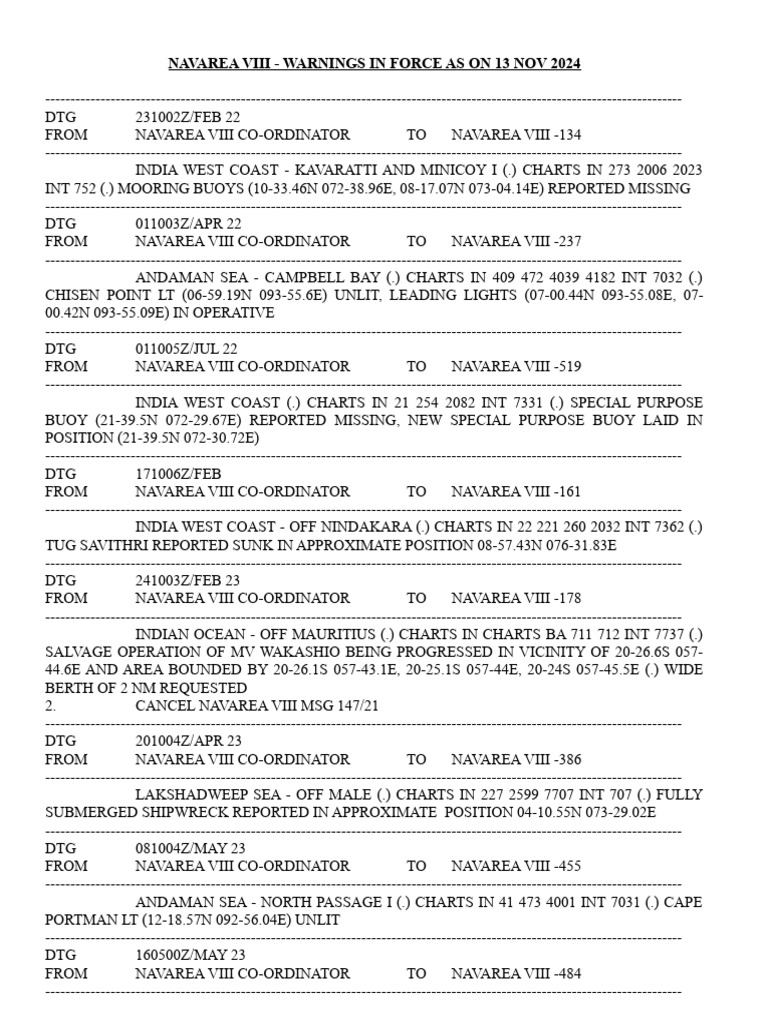 NAVAREA VIII Warnings Summary 2024 | PDF | Ships | Water Transport
