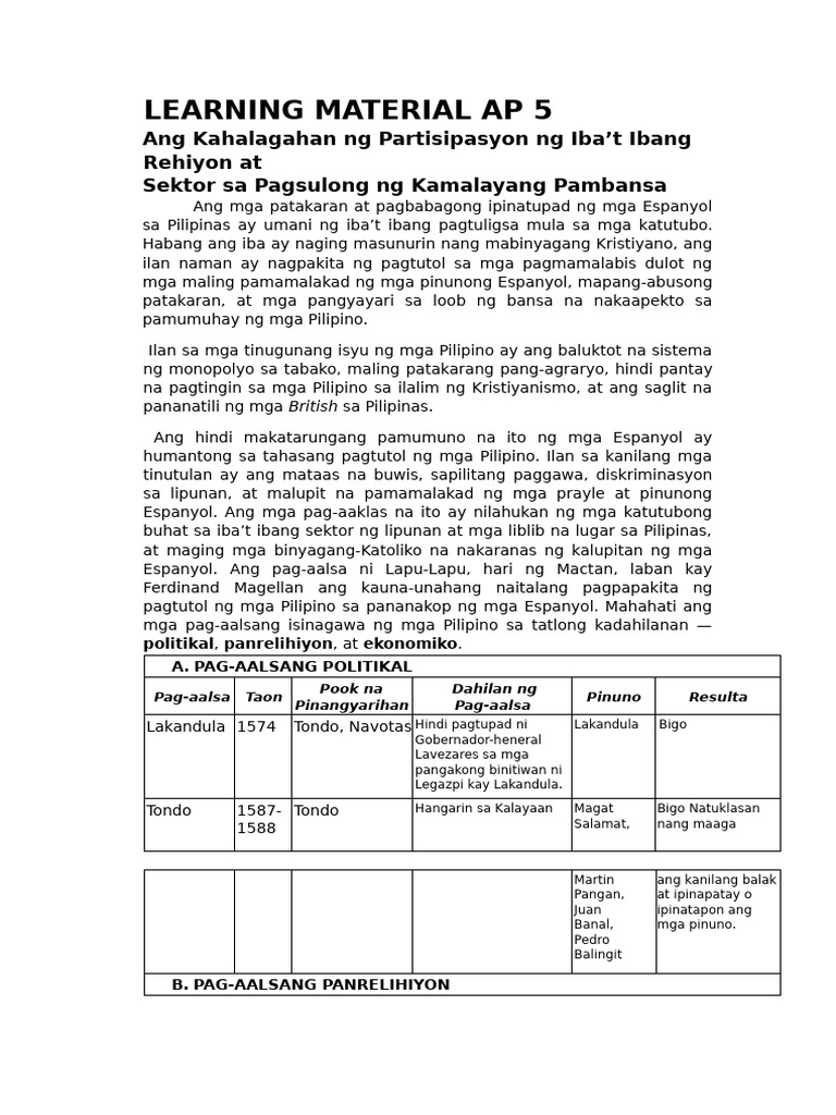 AP5 - Q4 - Module 4 - Ang Kahalagahan NG Iba't Ibang Rehiyon at Sektor Sa Pagsulong NG ...