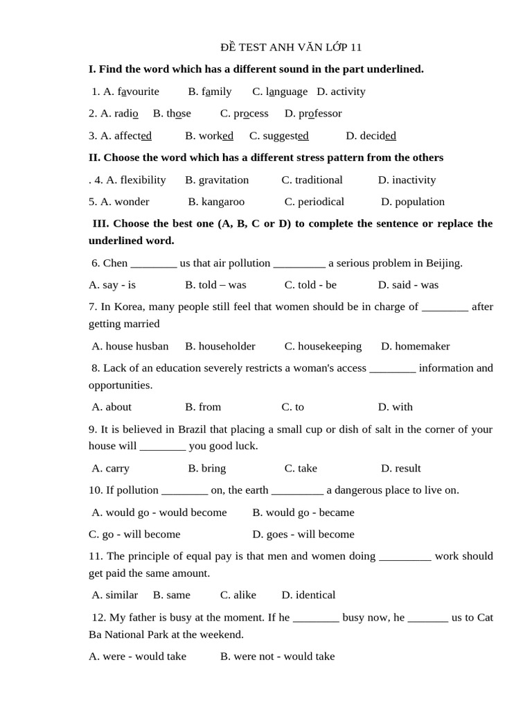 ĐỀ TEST ANH VĂN LỚP 11 | PDF