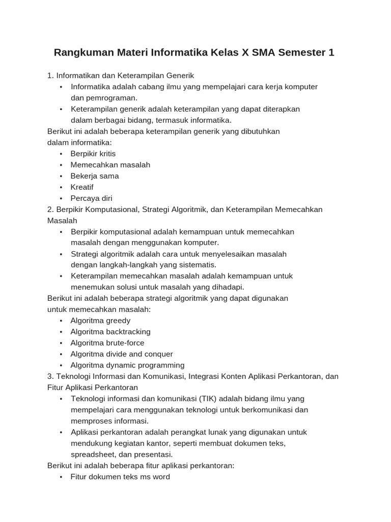 Rangkuman Materi Informatika Kelas X SMA Semester 1 | PDF