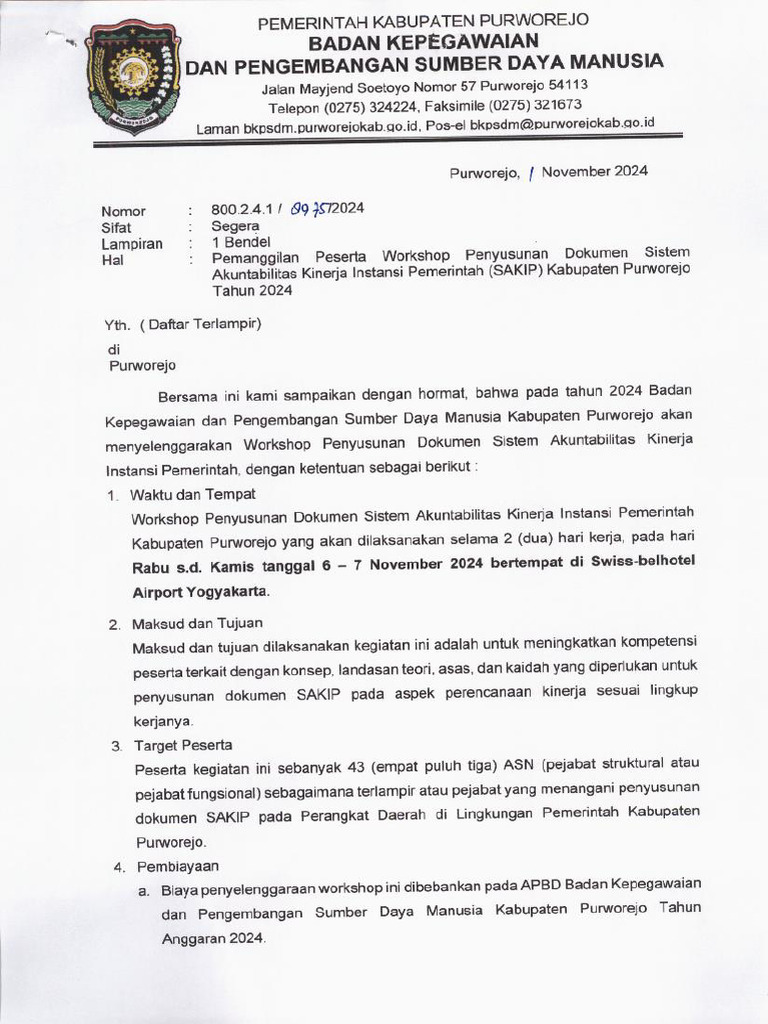 Pemanggilan Peserta Workshop SAKIP Tahun 2024 | PDF