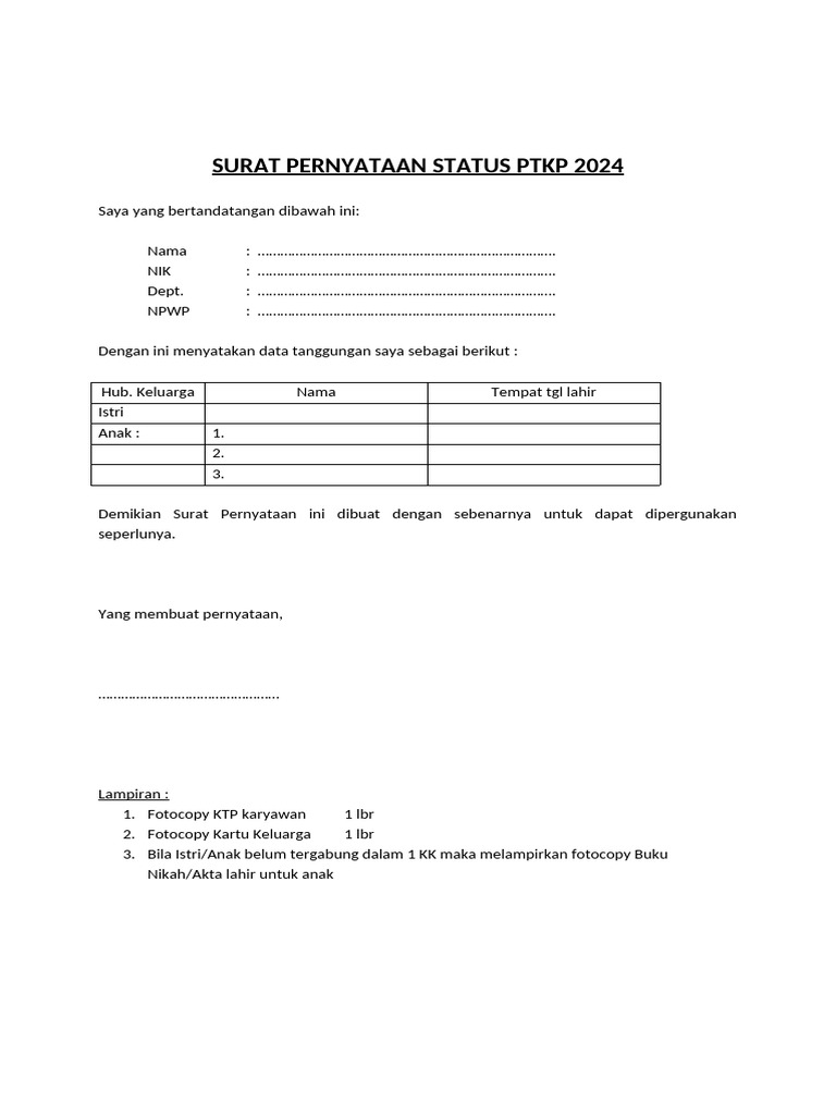 Surat Pernyataan (Update PTKP) 2024 | PDF | Hukum