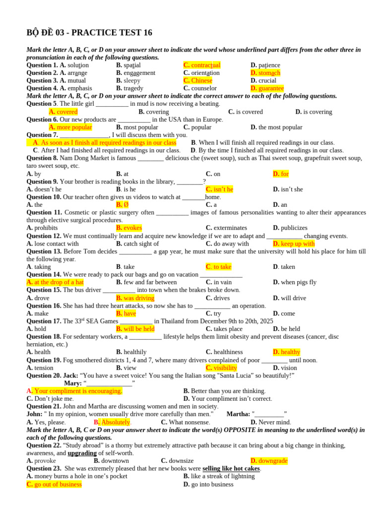 Practice Test 16: English Proficiency | PDF | Infants | Bali