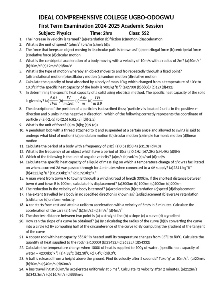 sss2 First Term Physics 2024-2025 | PDF | Force | Acceleration