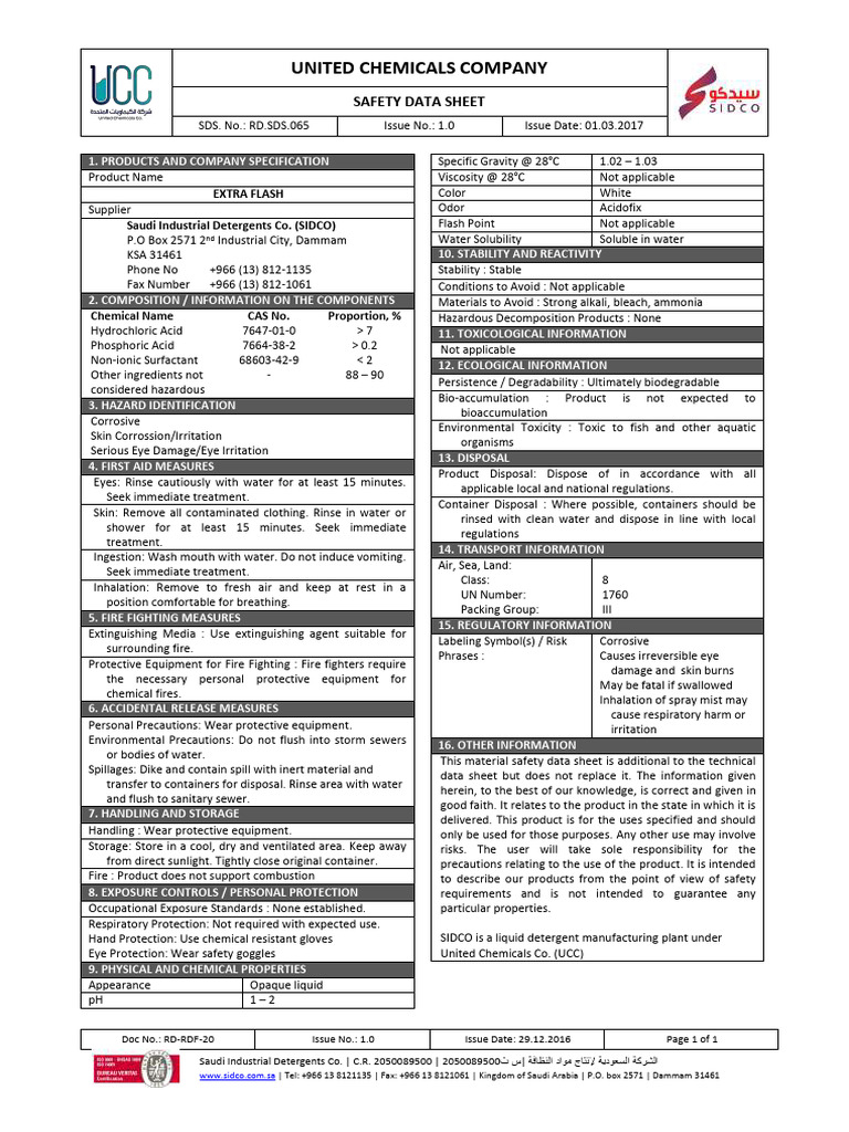 Bowl Cleaner Extra Flash MSDS 2 | PDF | Chemical Substances | Chemistry