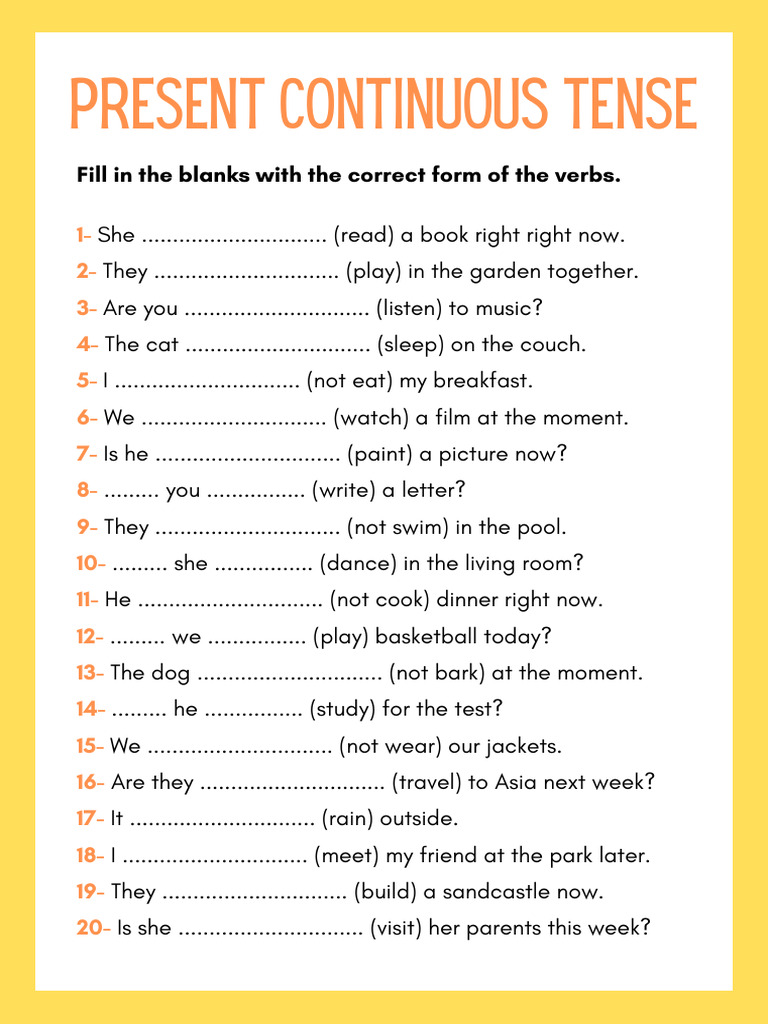 Present Continuous Tense Worksheet in Orange Yellow Basic Style ...