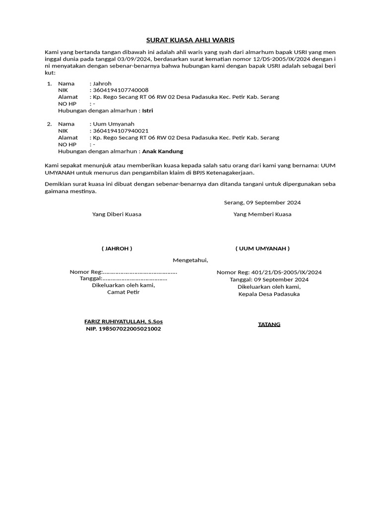 Surat Kuasa Ahli Waris | PDF