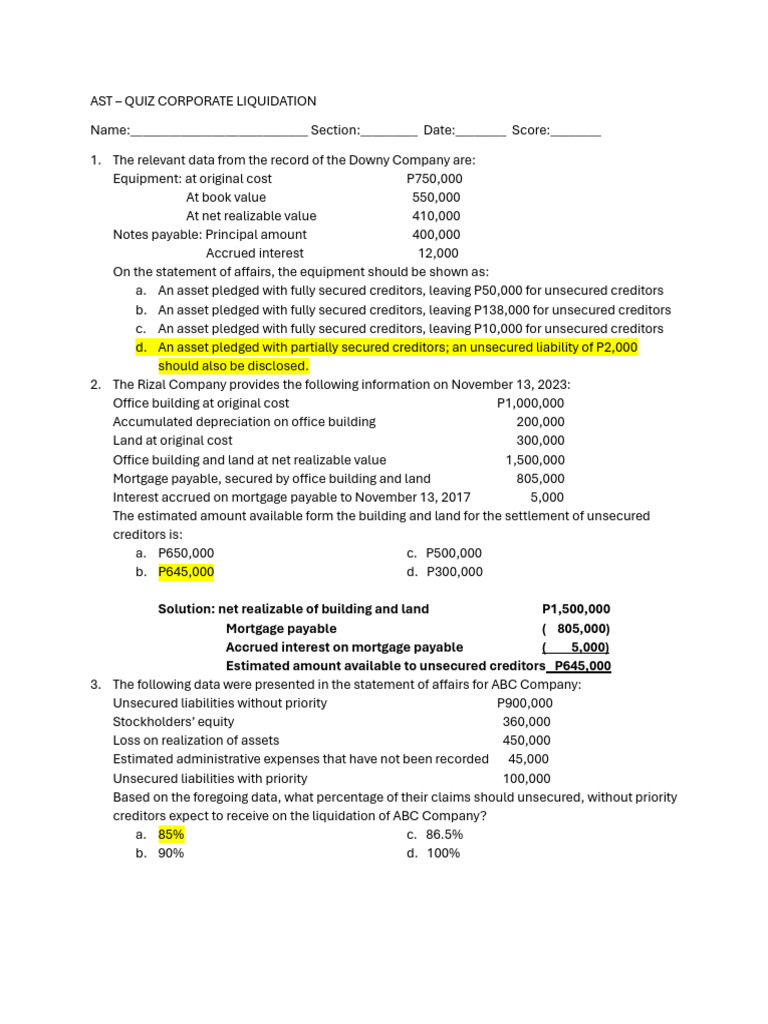 Corporate Liquidation Pdf Equity Finance Book Value