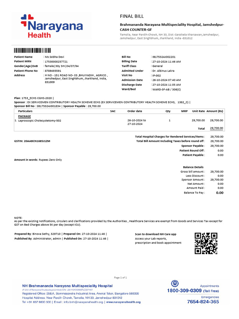 Final Bill for Ms. Sobha Devi | PDF | Taxation | Health Care