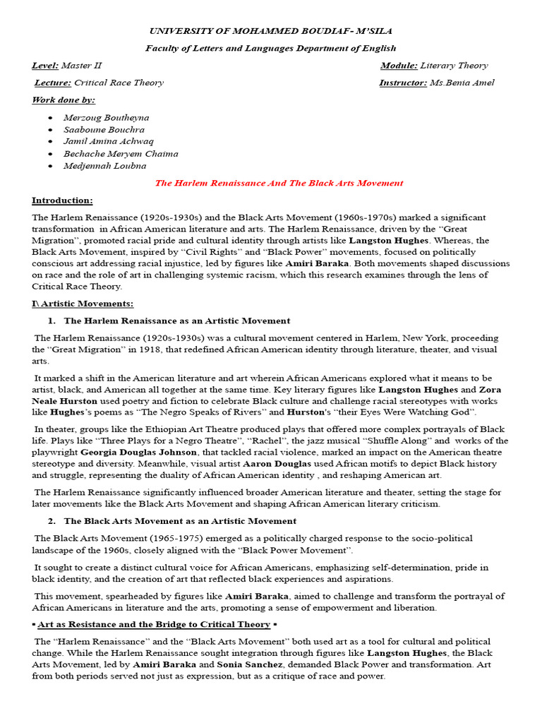 Harlem RenaissanceBlack Arts Movement Lecture | PDF | Harlem ...