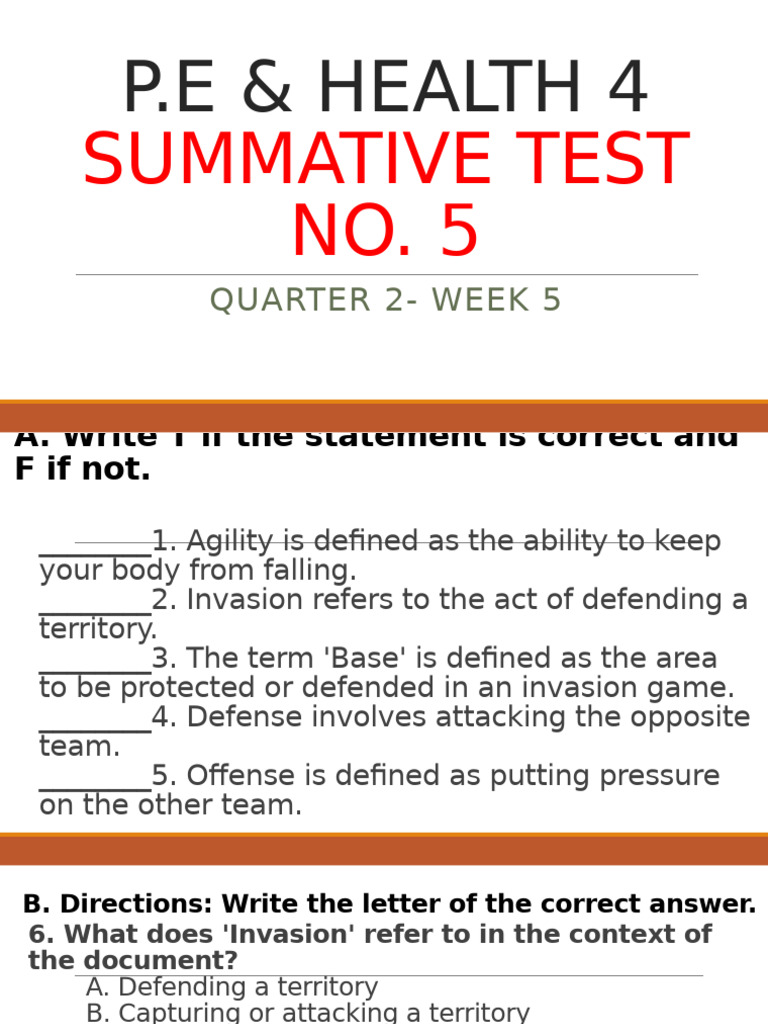 P.E & Health Week 5-6 Summative q2 | PDF | Animal Locomotion | Invasion