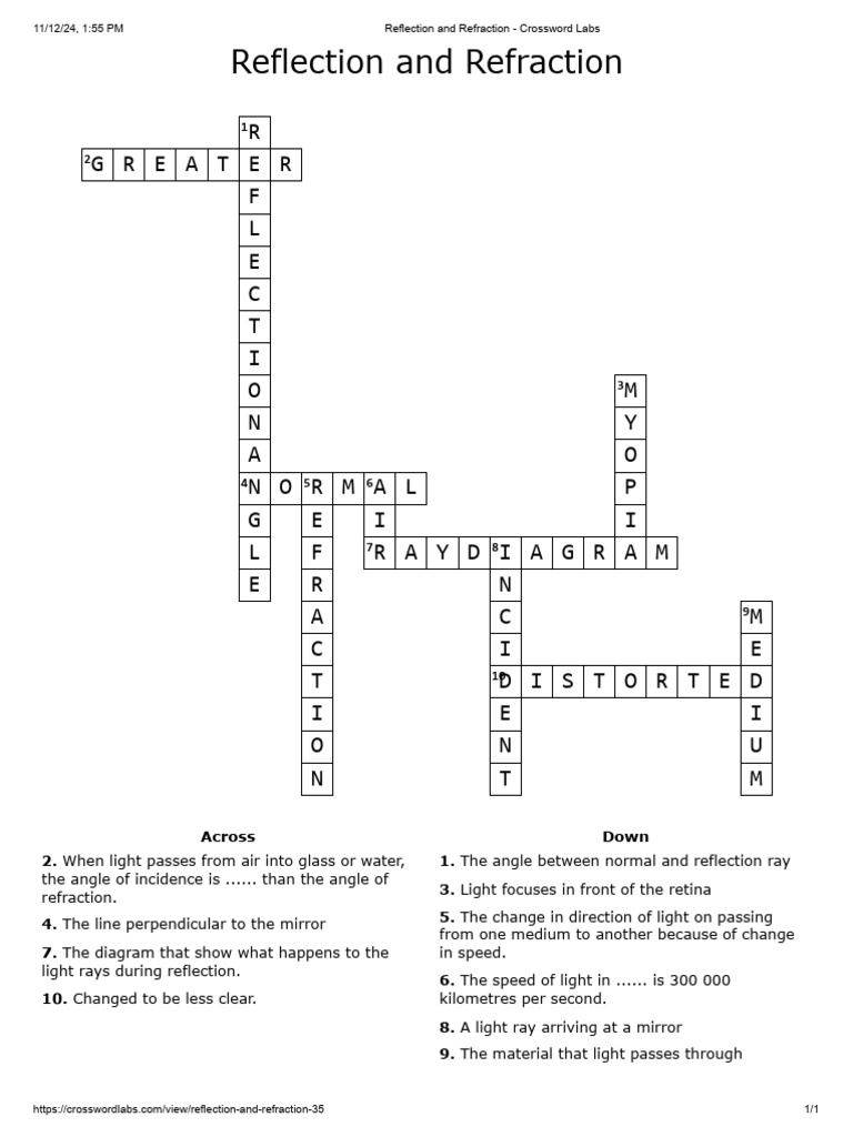Reflection and Refraction - Crossword Labs | PDF | Reflection (Physics ...