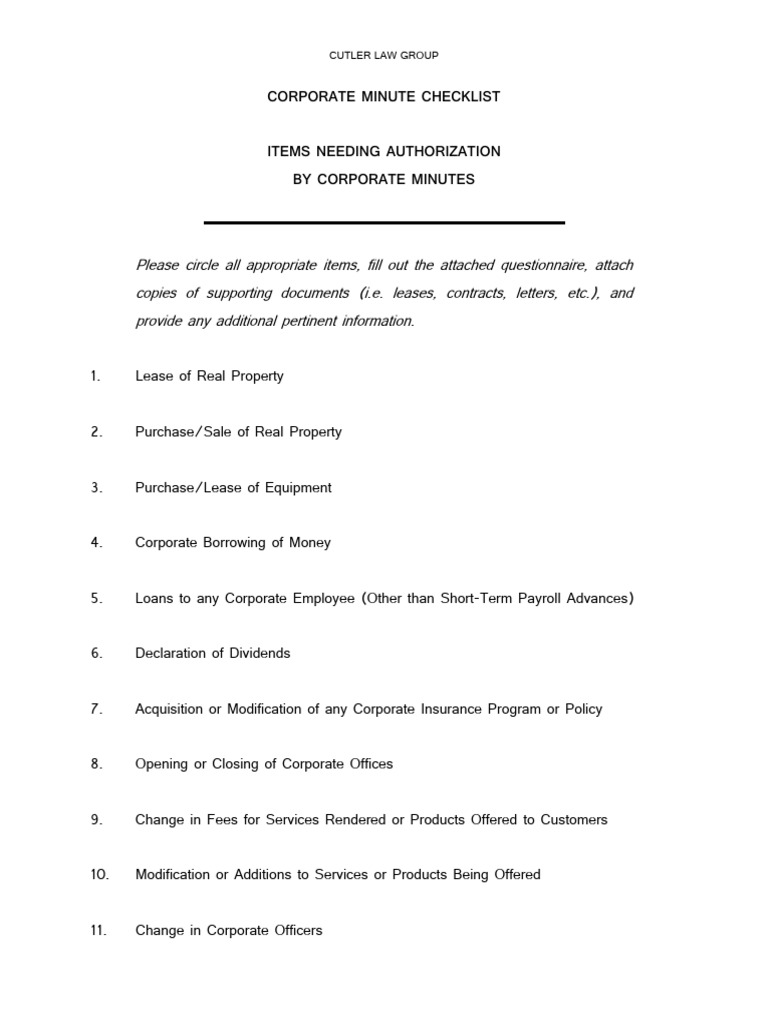 Corporate Minute Authorization Checklist | PDF | Loans | Stocks