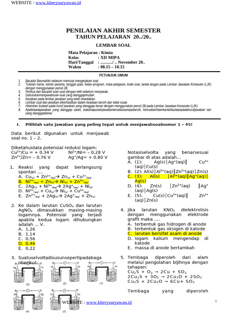 Soal & JAWABAN PAS Kimia Kelas XII - WEBSITE WWW - Kherysuryawan.id | PDF