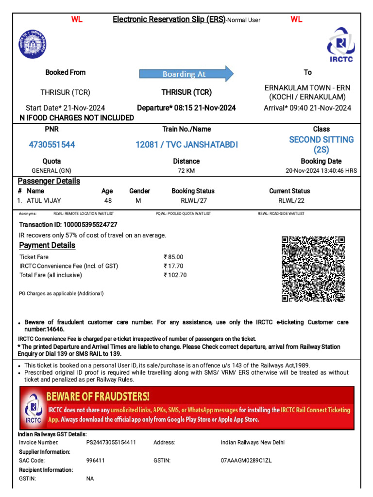 TVC Janshatabdi Second Sitting (2S) : WL WL | PDF | Identity Document