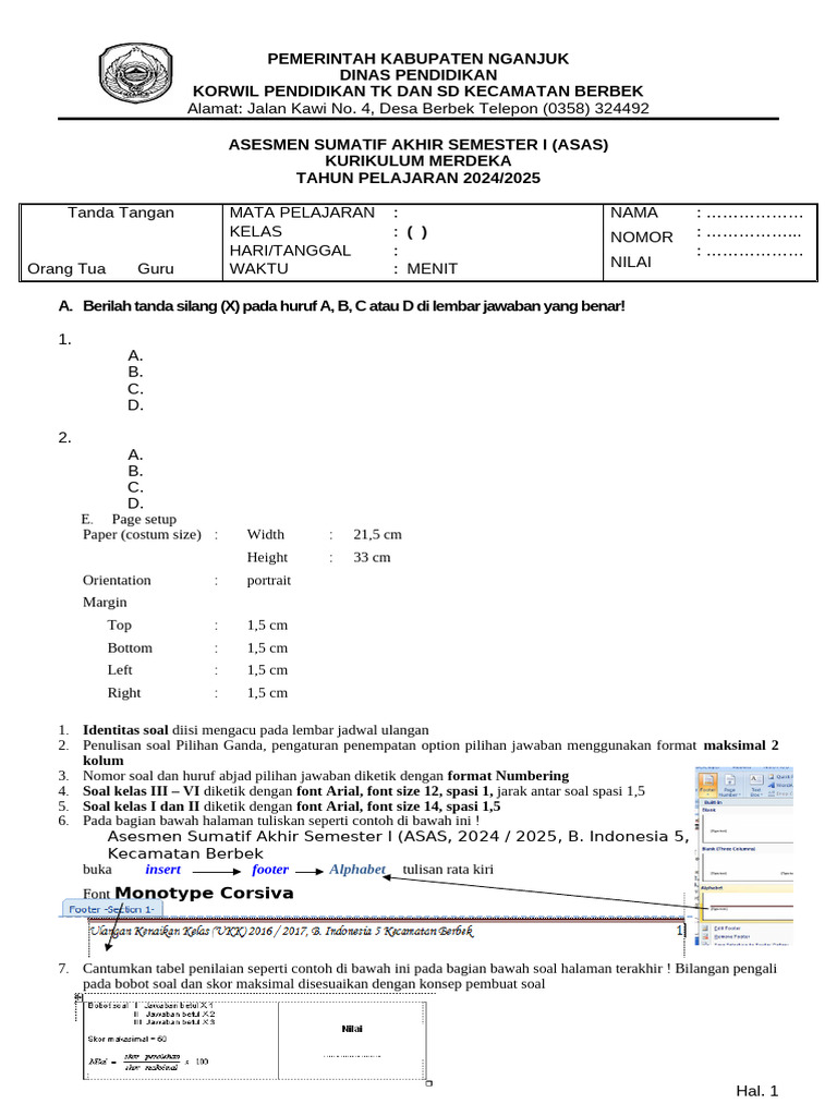 Format Soal Asas I - 2024 | PDF