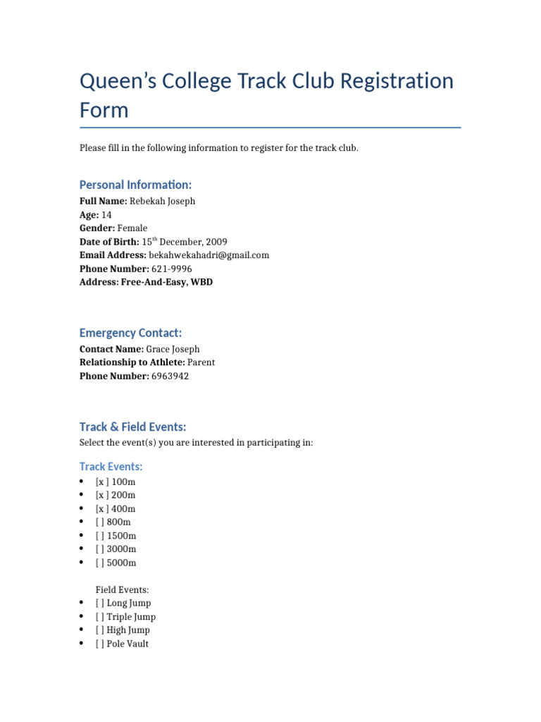 Track Club Registration Form | PDF