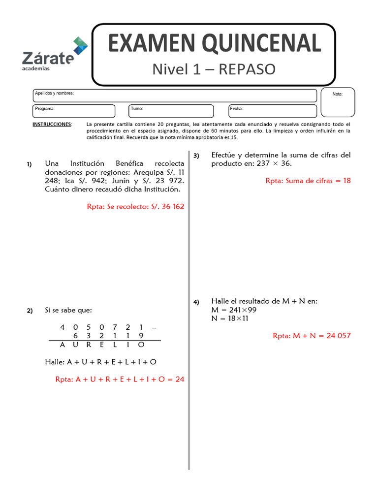 Examen Quincenal N1A Repaso Ene2024 | PDF | Análisis numérico | Algoritmos
