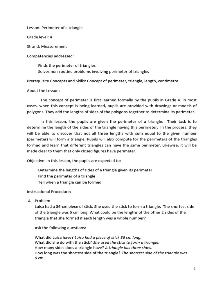 Grade 4 Triangle Perimeter Lesson | PDF | Triangle | Length