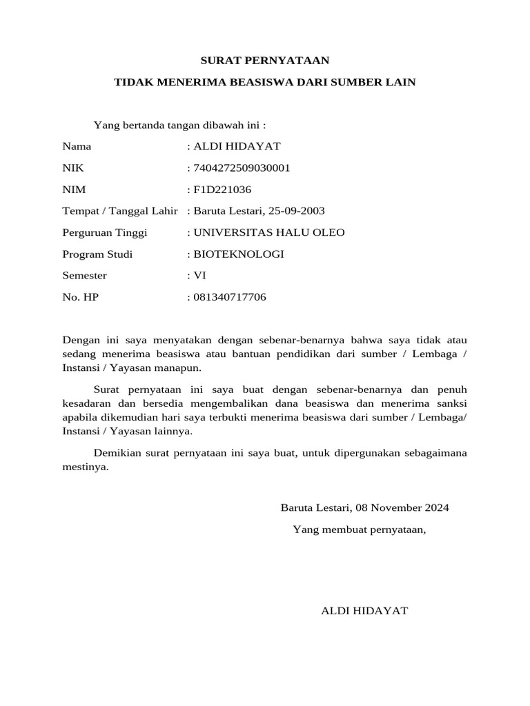 Pernyataan Beasiswa Aldi Hidayat | PDF