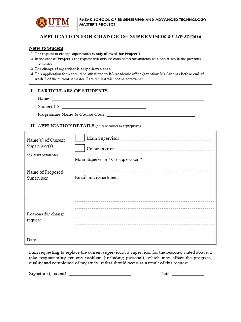 Application For Change of Supervisor | PDF | Postgraduate Education