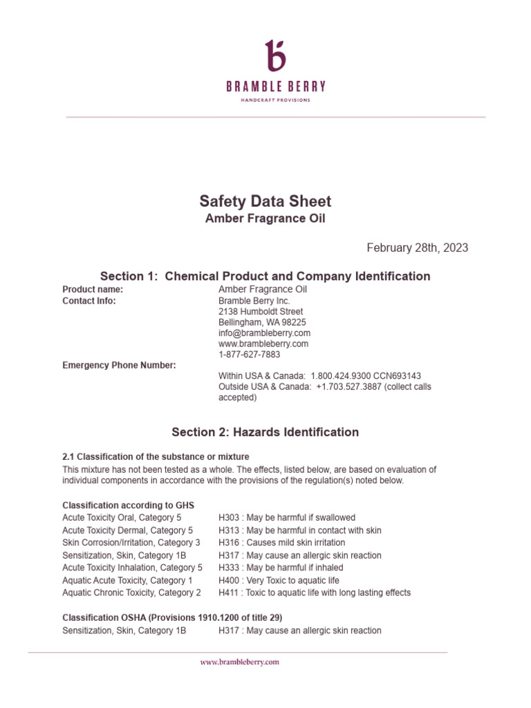 Amber Fragrance Oil Safety Sheet | PDF | Toxicity | Occupational Safety And Health