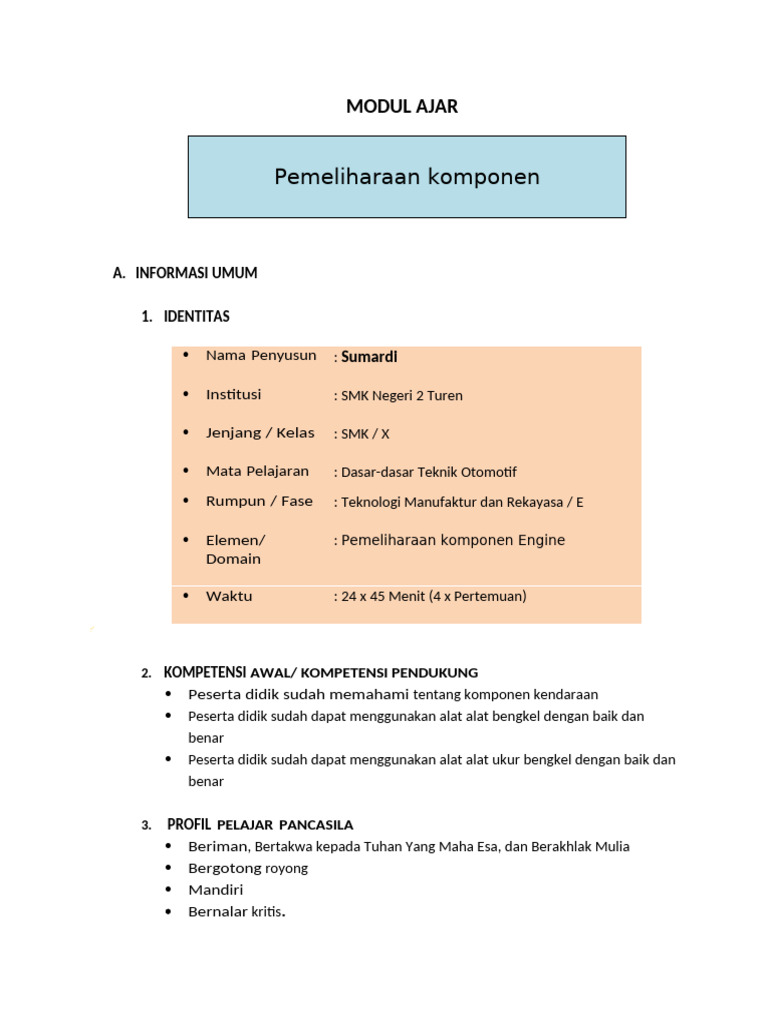 Modul ajar-WORKSHOP-2024-SUMARDI-kendaraan Dan Komponennya | PDF | Karier & Perkembangan