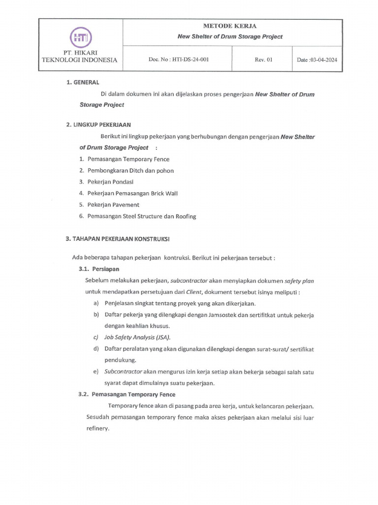 Work Methode Statement | PDF