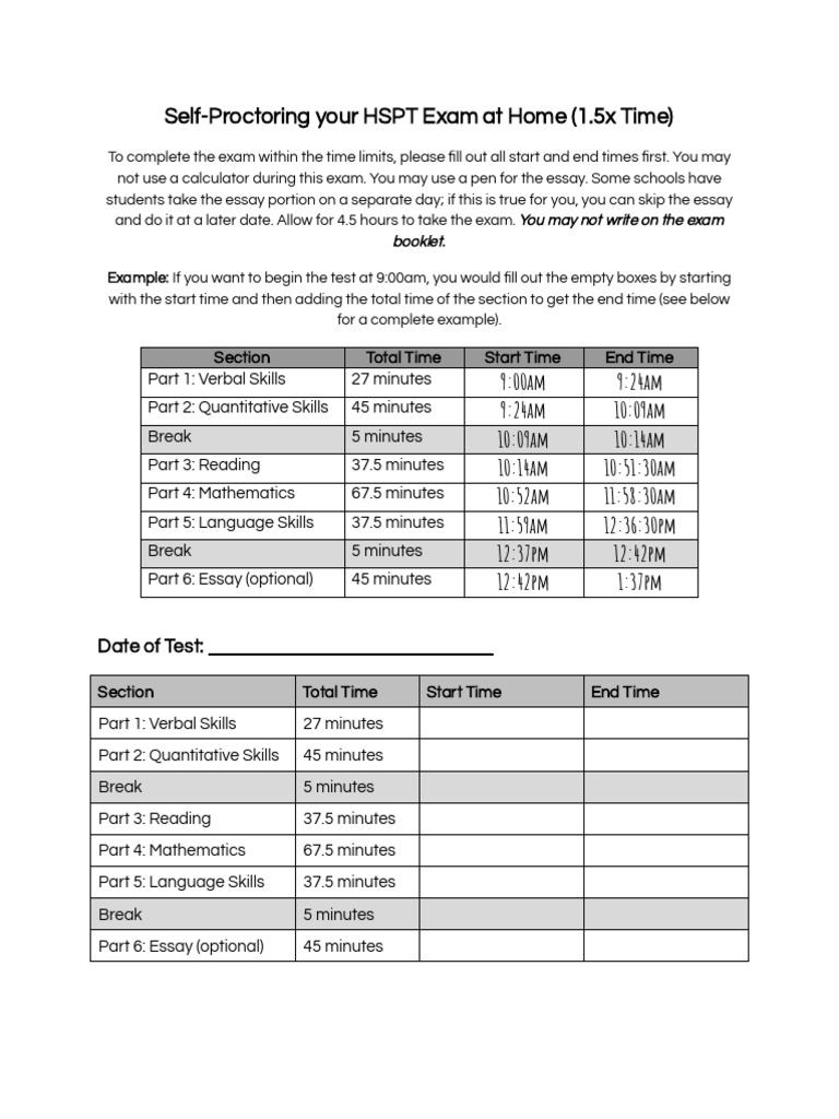 HSPT Self-Proctor Extended Time | PDF