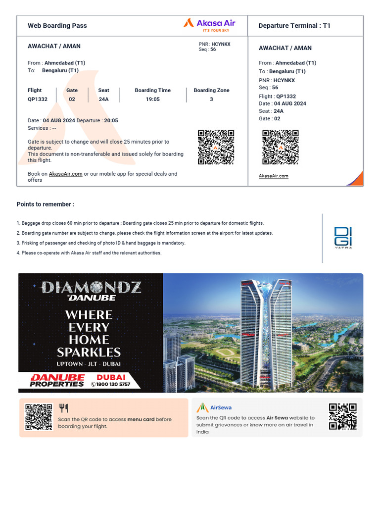 Akasa Air E-Boarding Pass - HCYNKX - Aman | PDF