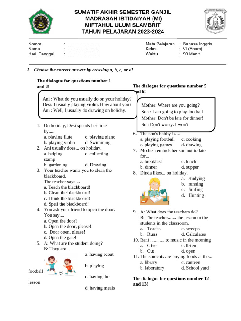 Ujian Bahasa Inggris Kelas VI MI 2023 | PDF | Art