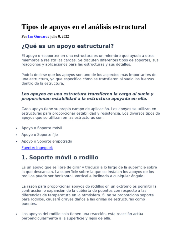 Tipos de Apoyos en El Análisis Estructural | PDF | Rotación | Ingeniería mecánica