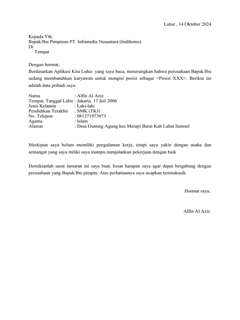 Lamaran Kerja Indihome Alfin | PDF
