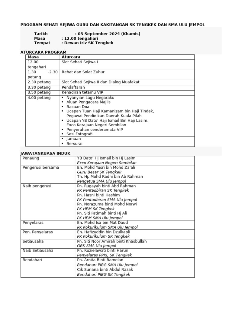 Program Sehati Sejiwa Guru Dan Kakitangan SK Tengkek Dan Sma Ulu Jempol | PDF