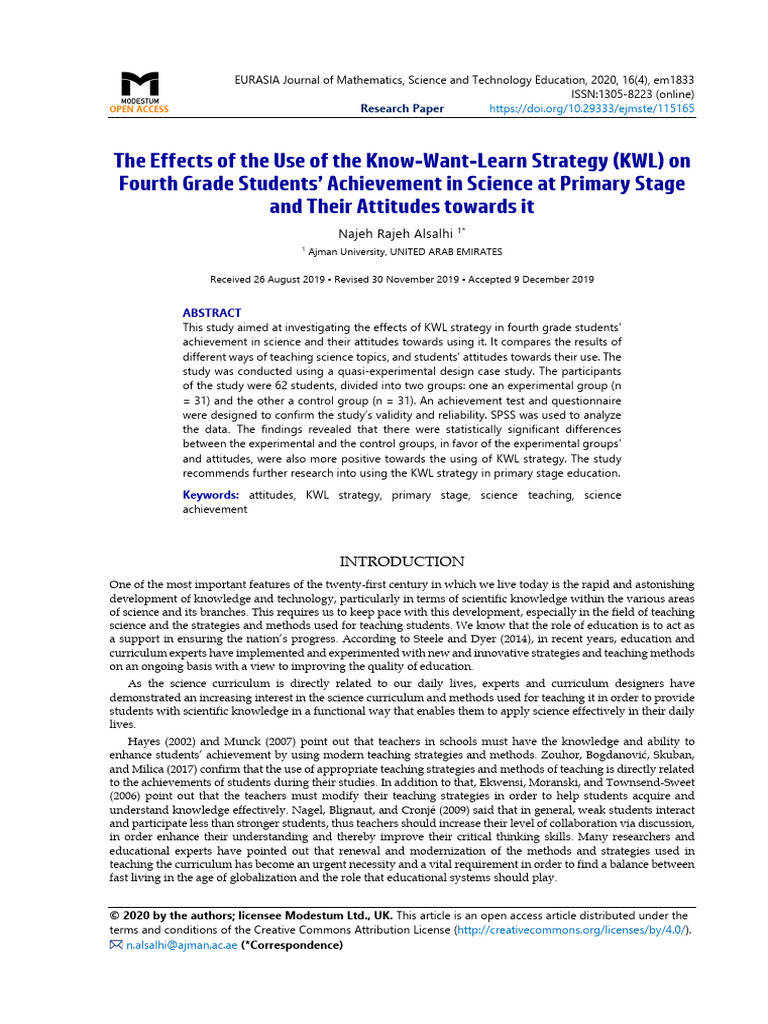 The Effects of The Use of The Know Want Learn Strategy KWL On Fourth ...