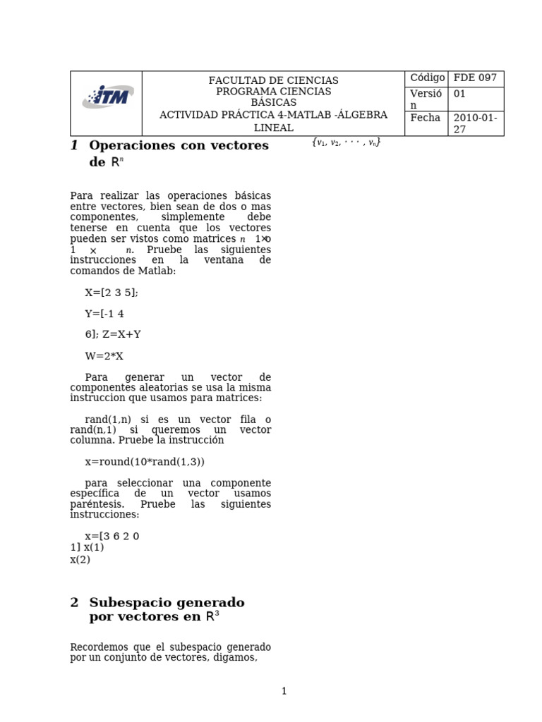 Actividad Práctica 4 Matlab 02 2024 | PDF | Matriz (Matemáticas) | Espacio vectorial