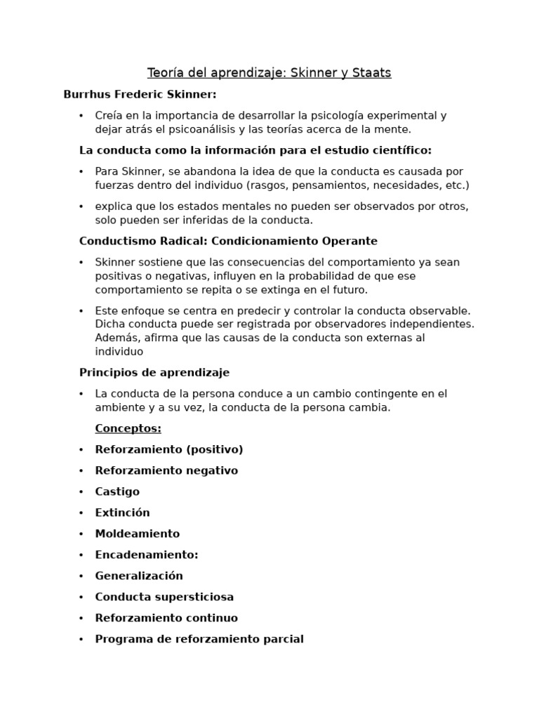 Teoria Del Aprendizaje de SKINNER Y STATTS | PDF | Behaviorismo | Aprendizaje