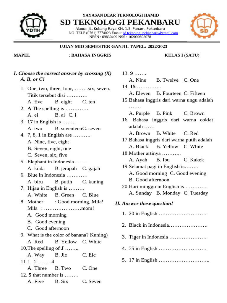 English Class 1 SD | PDF