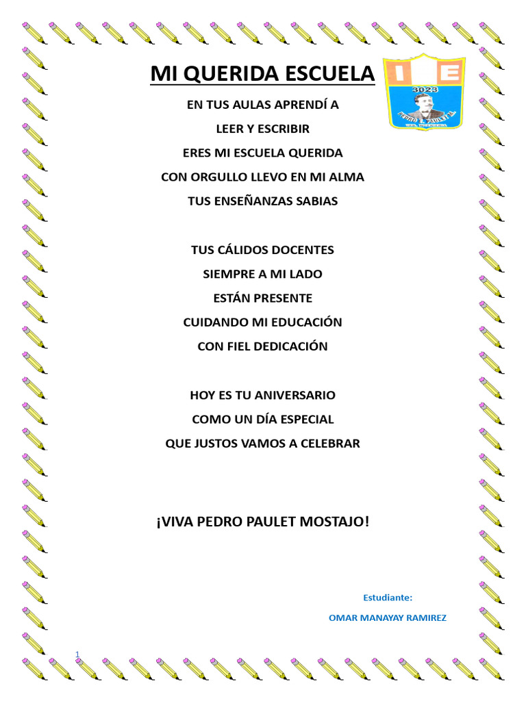 Mi Querida Escuela | PDF | Salud y bienestar | Poesía