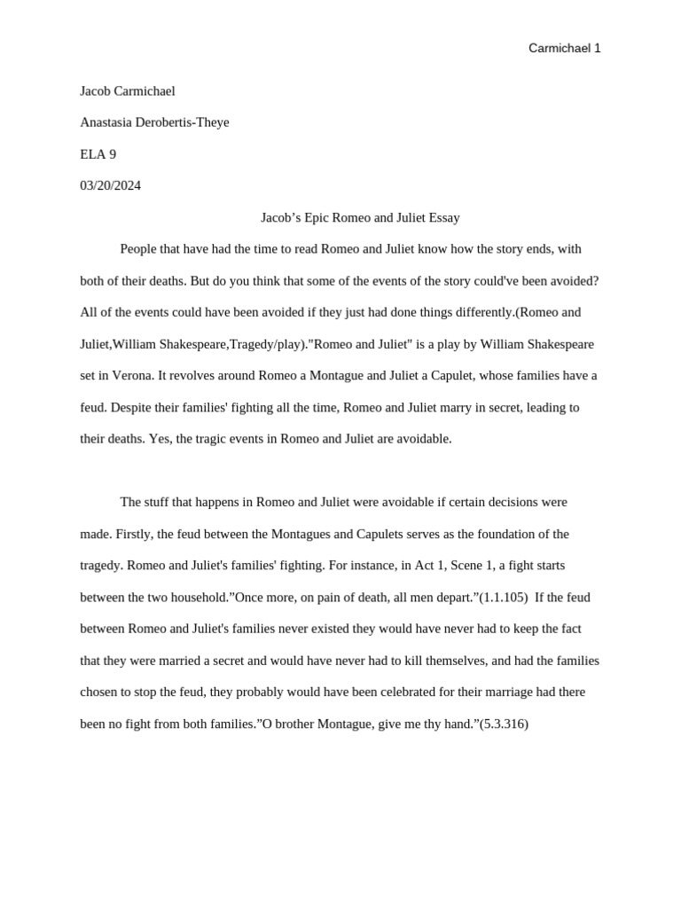 Jacob Carmichael - Final Draft - Romeo and Juliet Essay | PDF ...