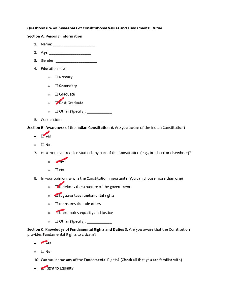 Questionnaire on Constitutional Awareness | PDF | Citizenship | Civic ...