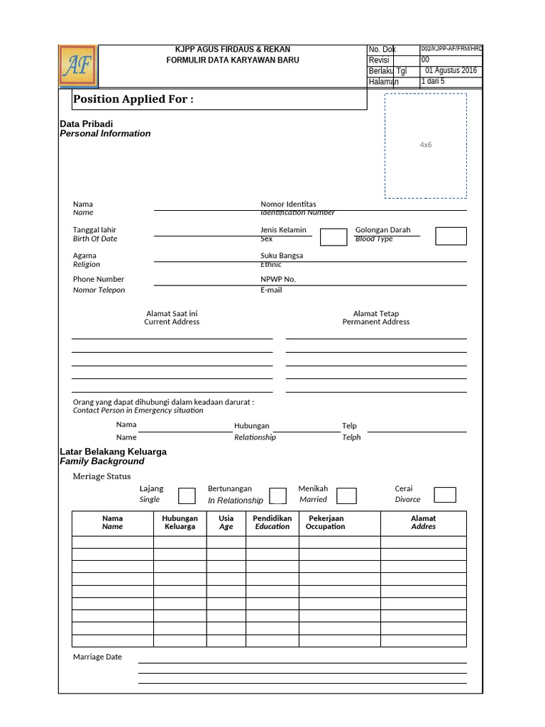 002-FRM-HRD - Form Data Karyawan Baru | PDF