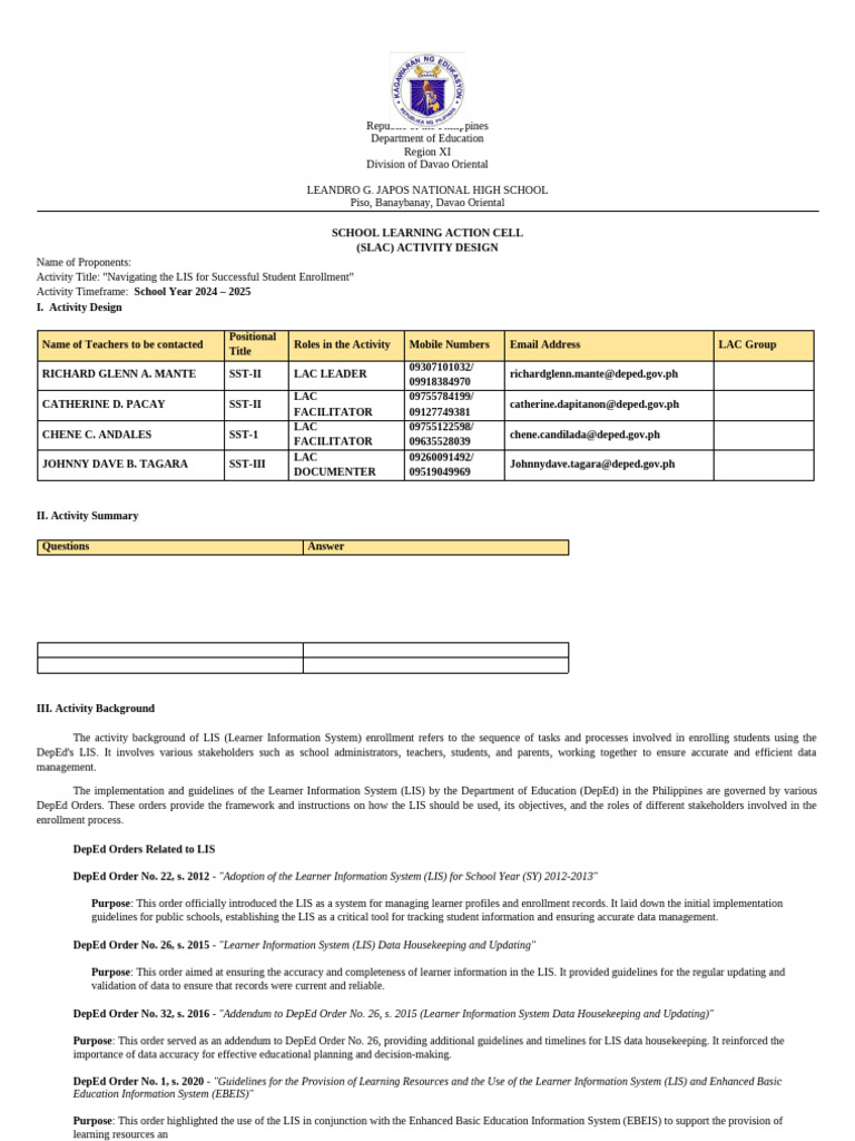 Activity Design SLAC 2025 | PDF | Risk Management | Teachers