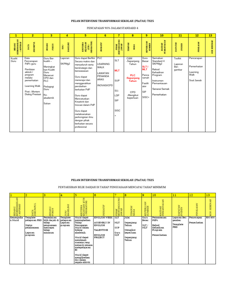 Pelan Intervensi Transformasi Sekolah (Pintas) Ts25: Pencapaian 90% Dalam Standard 4 | PDF