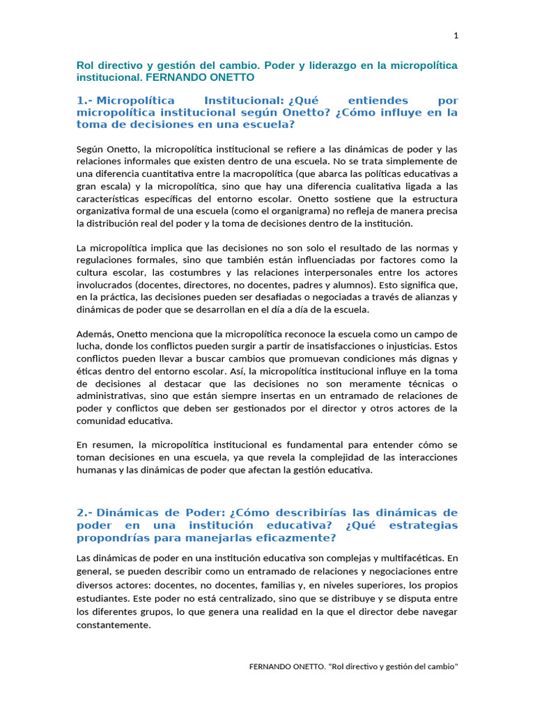 5 ONETTO. PREGUNTAS Y RESPUESTAS. Rol Directivo y Gestión Del Cambio | PDF | Liderazgo | Enseñando