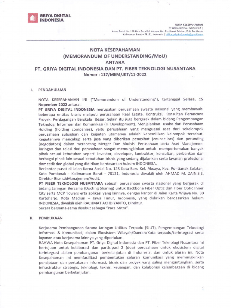 MoU GDI-FTN-SJUT 2022-Signed | PDF | Bisnis