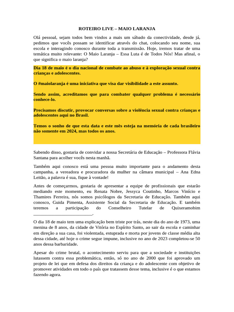 Roteiro Live | PDF | Adolescência | Violência