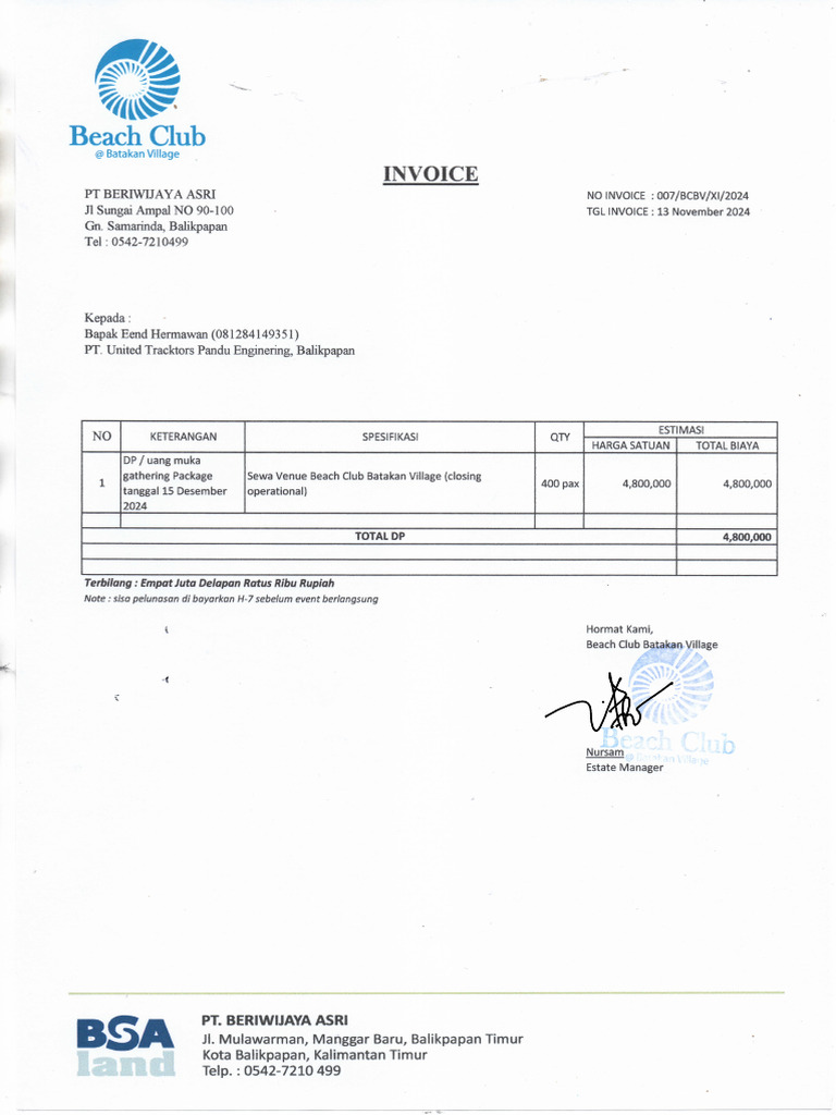 Invoice DP Sewa Venue Beach Club - PT United Tractors Pandu Enginering ...