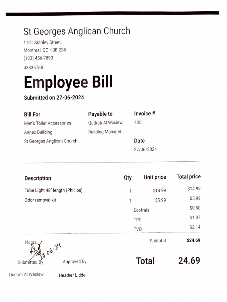 Employee Bill: Georges Anglican Church | PDF
