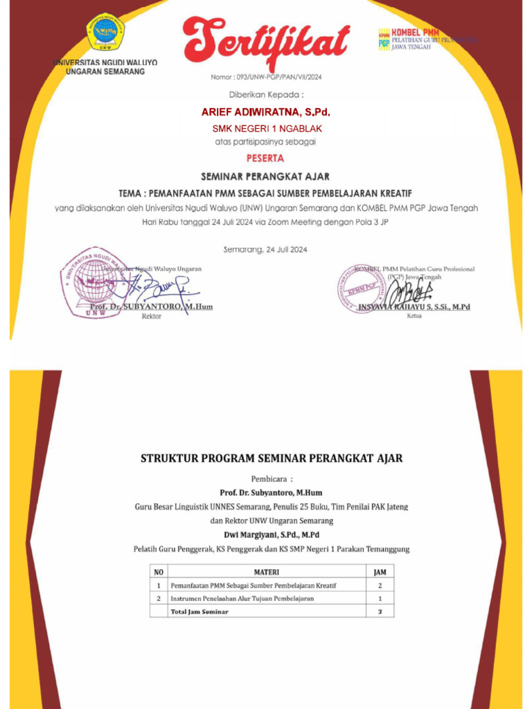 Sert Seminar Perangkat Ajar - Arief Adiwiratna, S.PD | PDF